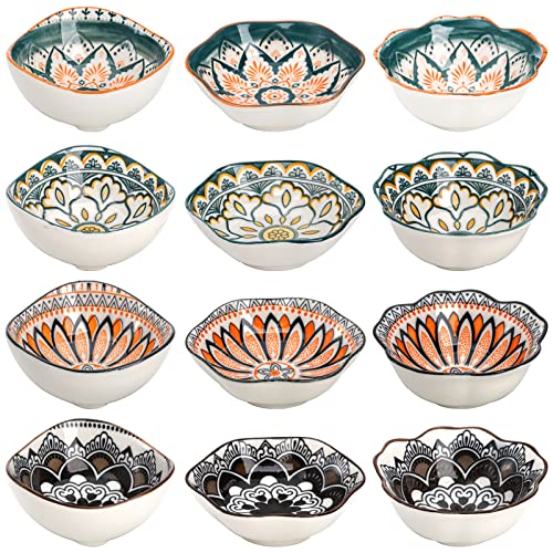 Foraineam 12 Pieces 3 Oz Porcelain Dip Bowl Set, Little Soy Sauce Dipping Bowls, Floral Mini Appetizer Dessert Condiments Server Dishes for Snack Sushi Ketchup, Vinegar, Sauce, Seasoning