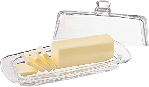 Friwer Glass Butter Butter Dish with Handled Lid, Traditional Kitchen Accessory, Crystal clear rectangular 7.7""x 3.7, Clear" Dishwasher Safe