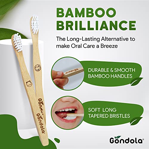 Gondola Kids Bamboo Toothbrushes Soft Bristles β Vegan Organic Eco Friendly Tooth Brush for Kids with Fun Animals Designs & Lightweight, Smooth Bamboo Handles β Zero Waste Packaging β 4 Pack
