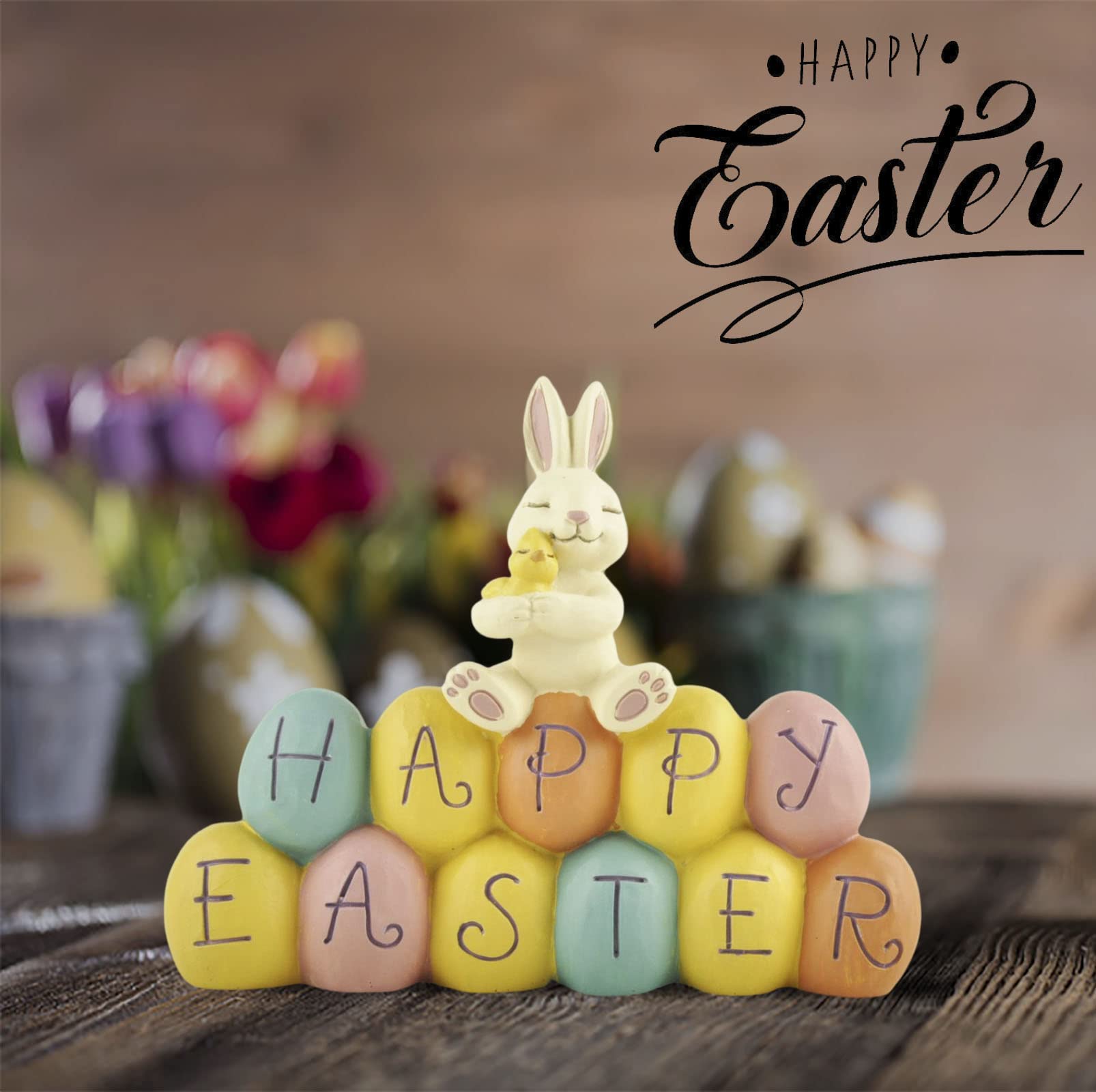 Easter Bunny Figurine Decorations - Hand Painted Sping Rabbit Statue Ornament - Easter Animal Tabletopper Accessories Sculpture for Party,Garden,Home Decorations,4.8 Inch,Polyresin