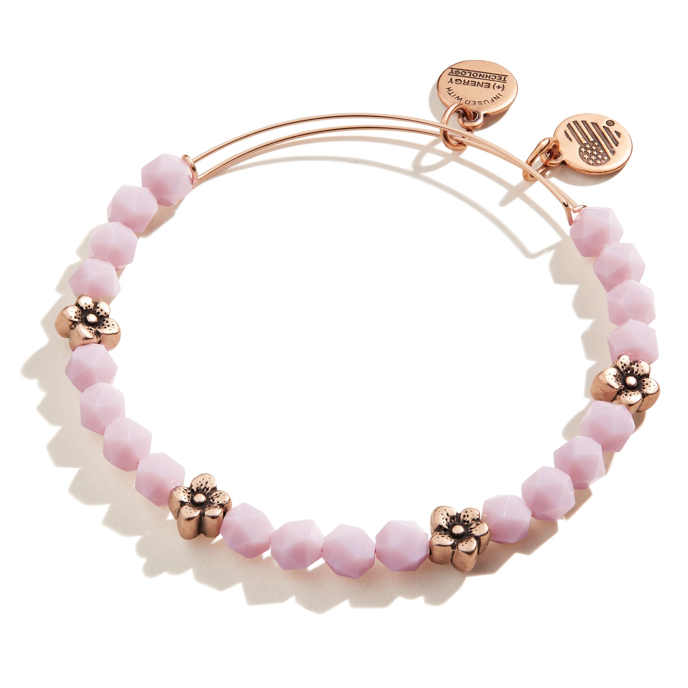 Alex and Ani Daisy and Color Beaded Expandable Bangle for Women, Mauve Beads, Rafaelian Antique Rose Finish, 2 to 3.5 in