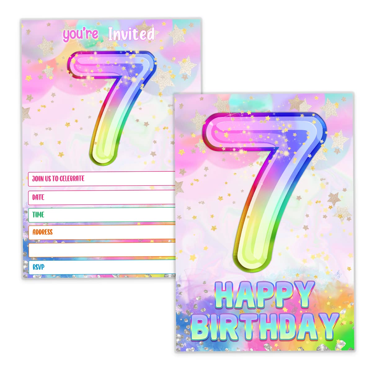 MUZRUYOU 7th Birthday party Invitation Cards, Rainbow Holographic invite with Envelopes(20 pack