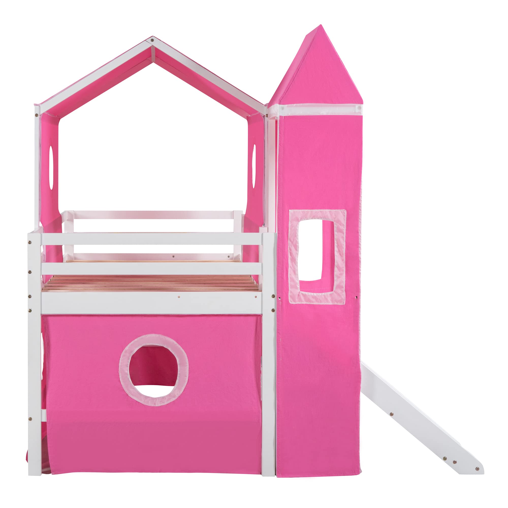 Harper & Bright Designs House Loft Bed with Slide and Tent, Twin Size Loft Bed with Small Pinnacle and Ladders, Wood Bunk Bed, Playhouse Bed Frame for Kids, Teens, Boys & Girls (Twin Size, Pink)