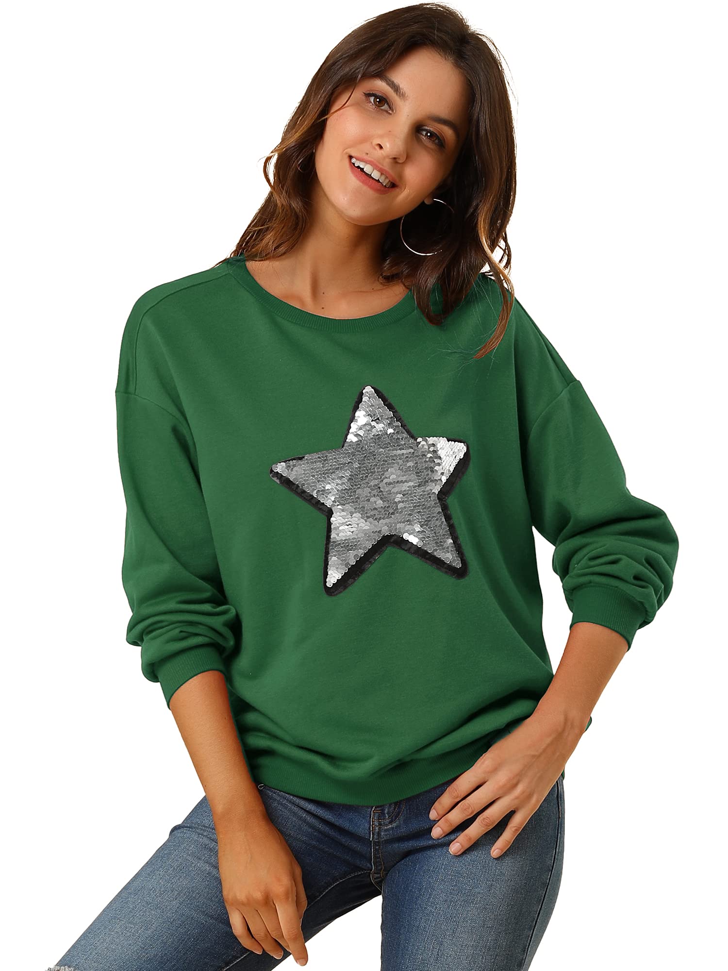 Allegra K Women's Sequin Shiny Star Crew Neck Long Sleeve Sweatshirt Top Medium Deep Green