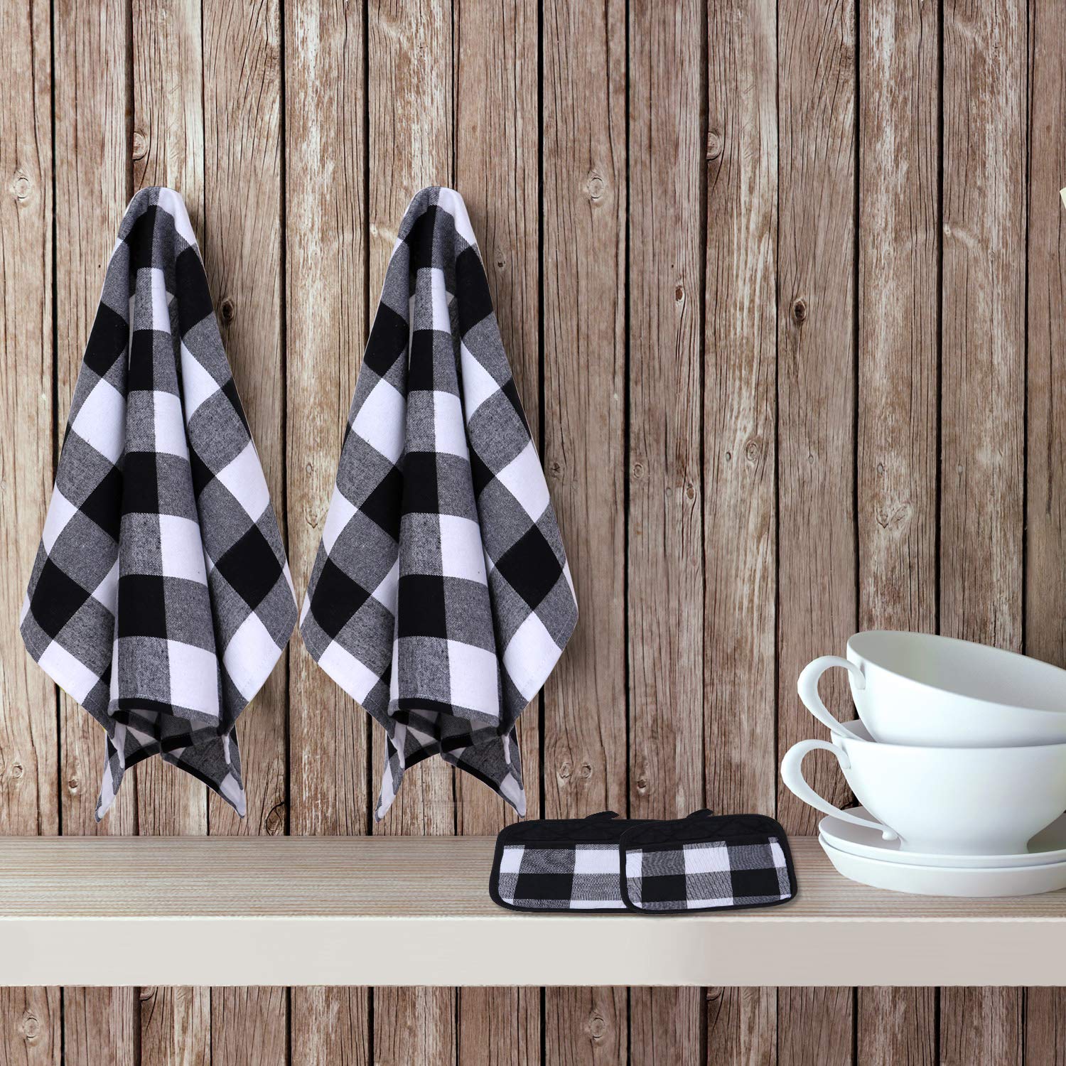 Aneco 4 Pack Check Plaid Dish Towels Pot Holders Oversized 18 x 28 inches Cotton Kitchen Dish Towels Fast Drying Cotton Tea Towels Check Plaid Gift Set