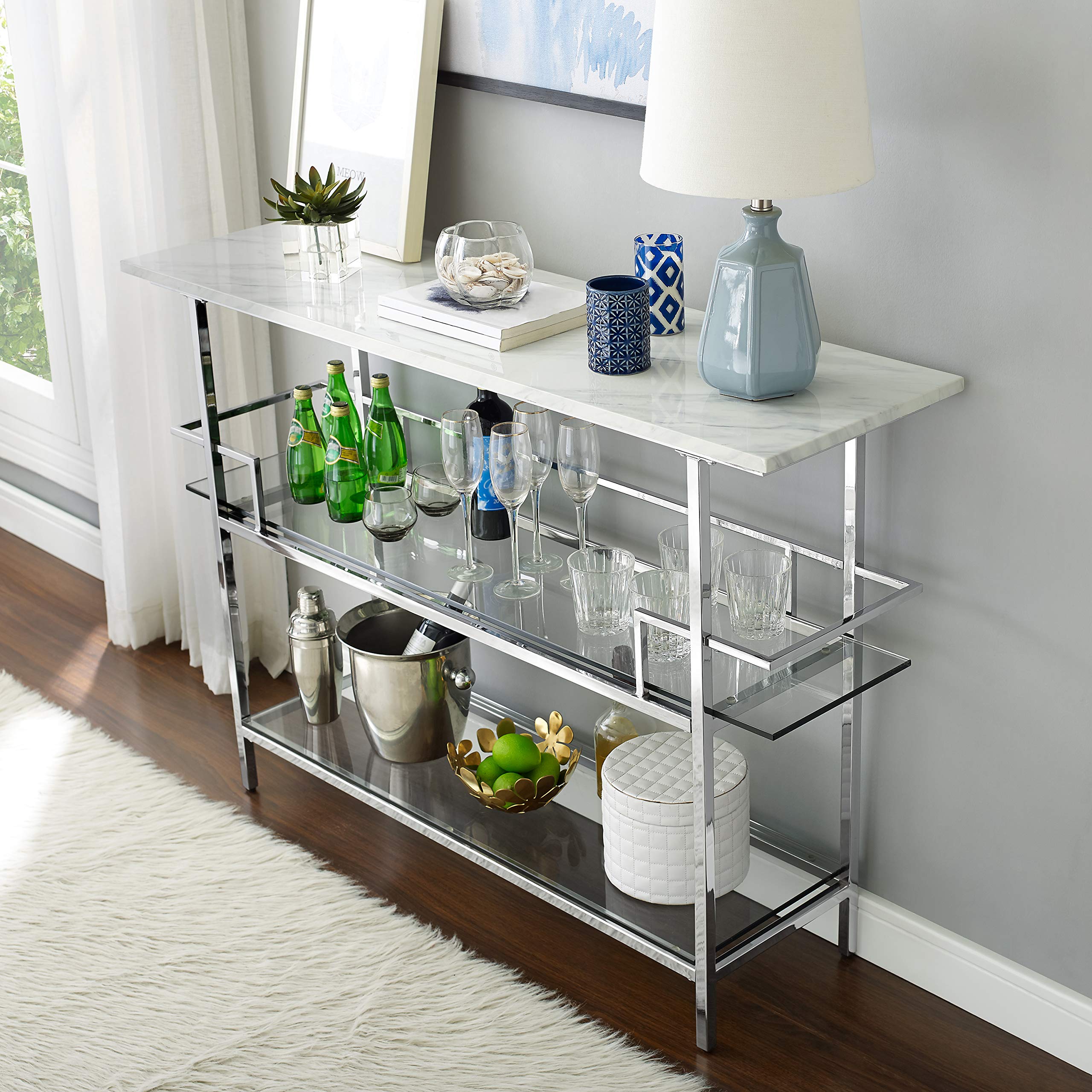 Crosley Furniture Aimee Bar with Paper Marble Top, Chrome Finish