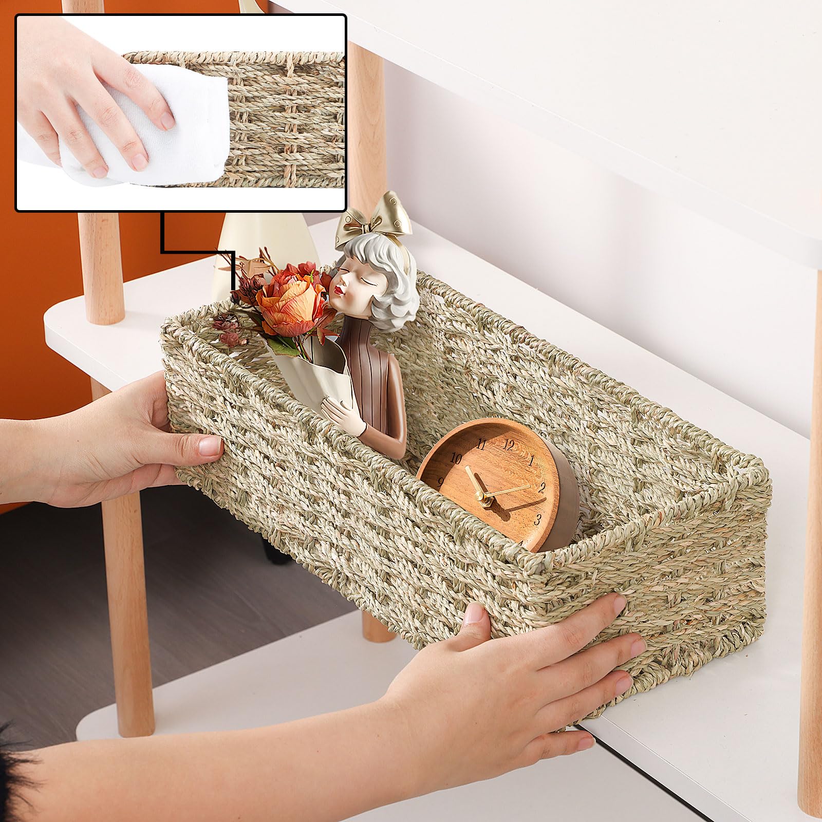YheenLf Wicker Storage Baskets, Decorative Open Storage Bins for Shelves, Woven Baskets Storage Containers, Storage Box, Seagrass, Set of 2, 14.6 x 6.5 x 4.3 in