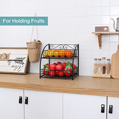 Fruit Basket for Kitchen, Fruit and Vegetable Storage Bowl Stand with Quality Metal Frame, Detachable, Large Capacity, 2 Tier Wire Produce Basket Fruit Holder for Kitchen Countertop Dining Table