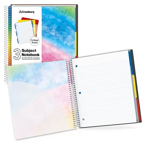 CRANBURY 3-Subject Notebook College Ruled - 300 Pages (150 Sheets) Spiral Notebook 8.5 x 11 with Pockets, Dividers, Tabs, Dual Plastic Covers, School Supplies Multi Subject Notebook