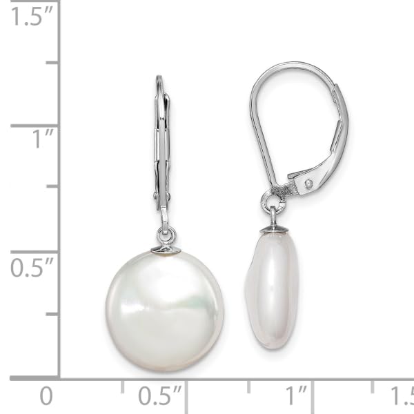 925 Sterling Silver White 12mm Coin Freshwater Cultured Pearl Drop Dangle Earrings