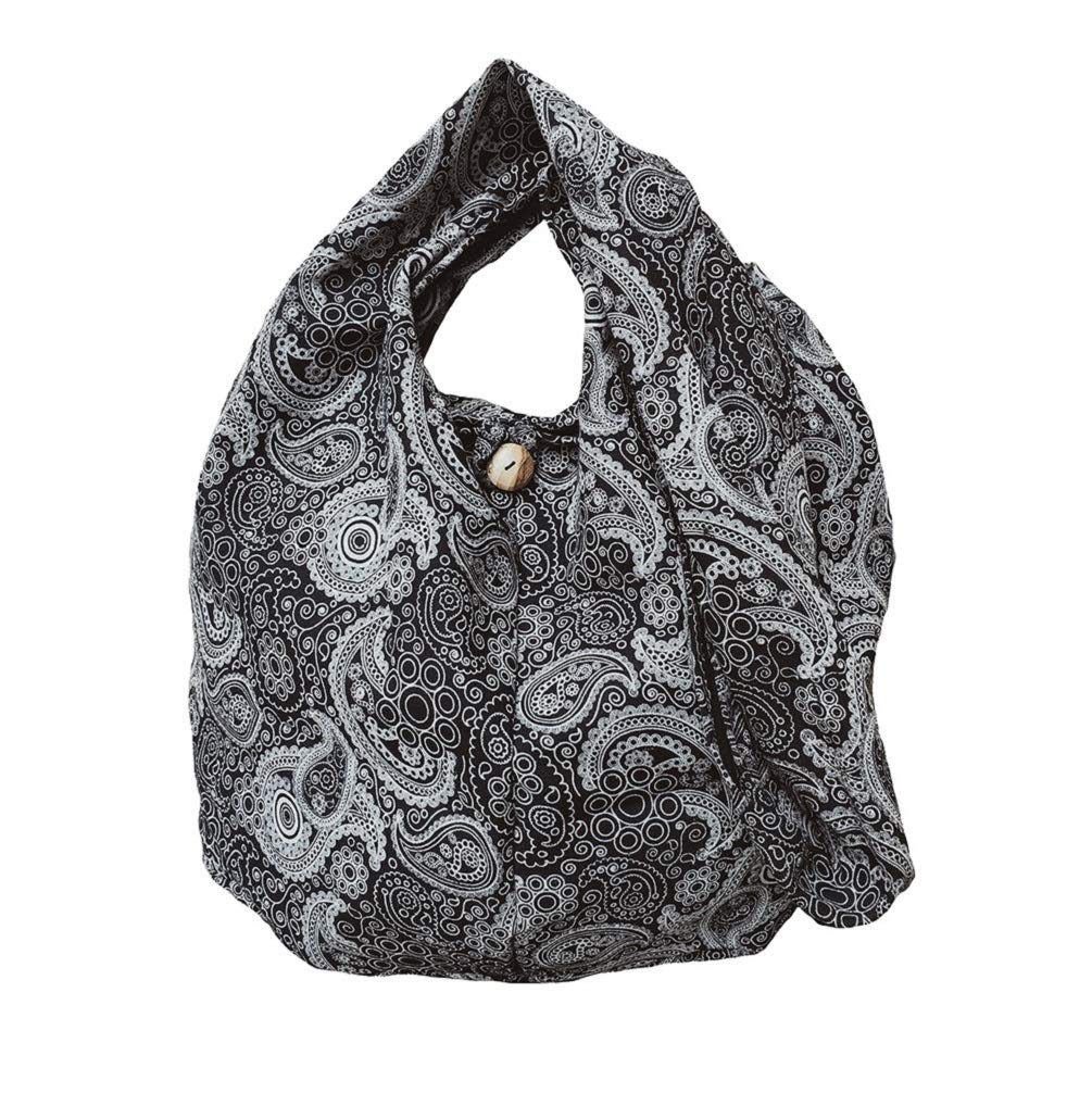 BTP! Thai Cotton Hippie Hobo Sling Crossbody Bag eco Friendly Shopping bag Paisley Print Large (Black PL3)