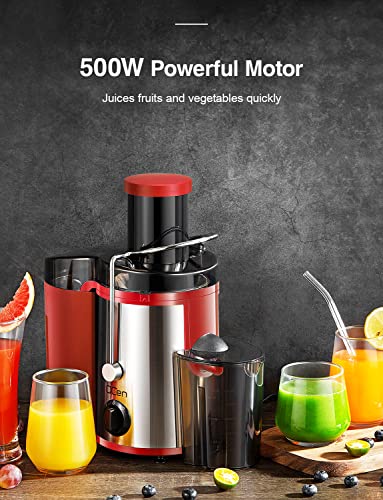 Juicer Machine, 500W Centrifugal Juicer Extractor with Wide Mouth 3” Feed Chute for Fruit Vegetable, Easy to Clean, Stainless Steel, BPA-free (Red)