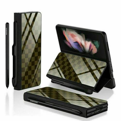 EAXER for Samsung Galaxy Z Fold 3 5G Case, Glass Material W/S Pen Slot Luxury Shockproof Anti-Slip Glossy Glass Flip Phone Case Cover (Checkerboard Brown)