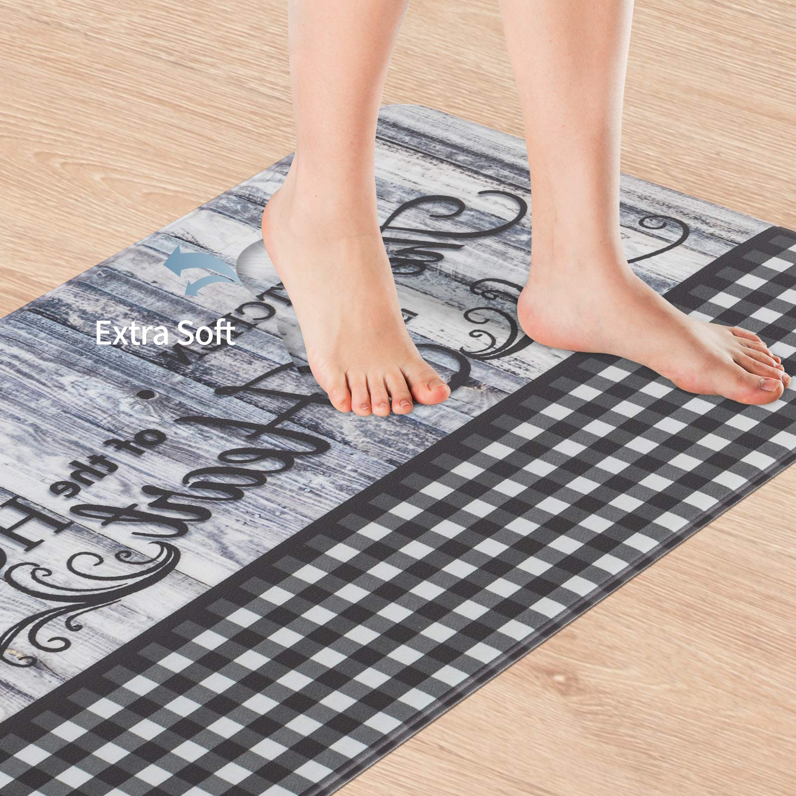 Asrug Black and White Plaid Checkered Comfort Kitchen Standing Desk Mat Anti Fatigue Ergonomic Floor Pad Rug Waterproof Stain Resistance Non Slip Kitchen Set, 17.3''x27.6''+17.3''x47.2'', Wood Plaid