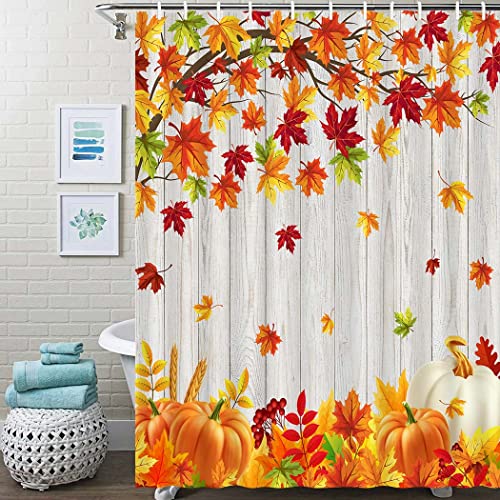 Juirnost Fall Shower Curtain Autumn Thanksgiving Day Pumpkin Shower Curtain Farmhouse Falling Maple Leaves Rustic Wooden Board Shower Curtain Home Bathtubs Decors 12 Hooks Washable Polyester 72"x72"
