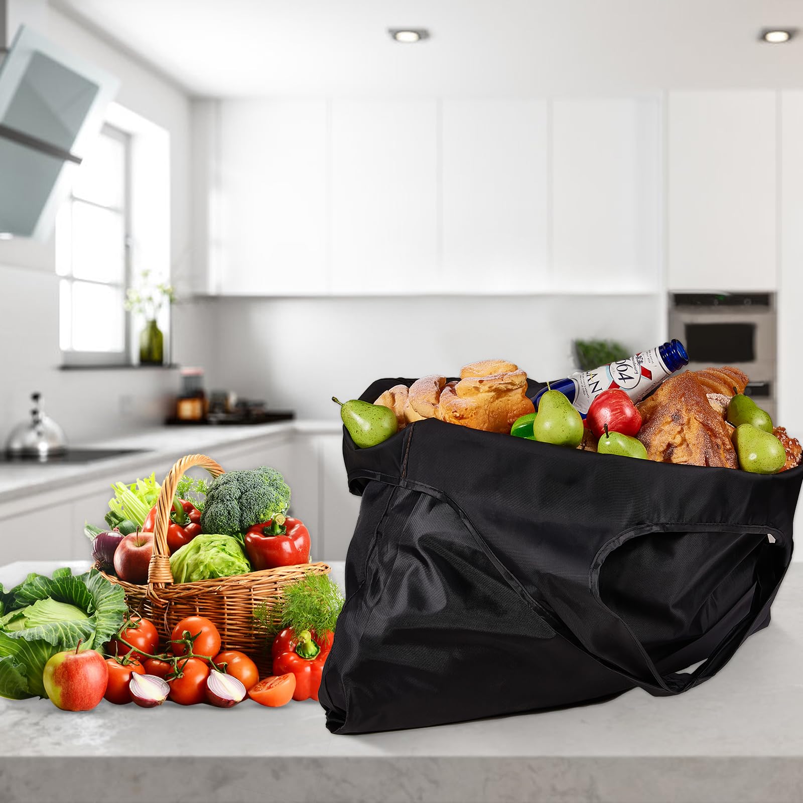 BEEFLYING 3pcs Foldable Eco-Friendly Nylon Grocery Bags Reusable Waterproof Shopping Tote Bags Black with Pouch and Bag Handle (52.5x60x0.15cm)