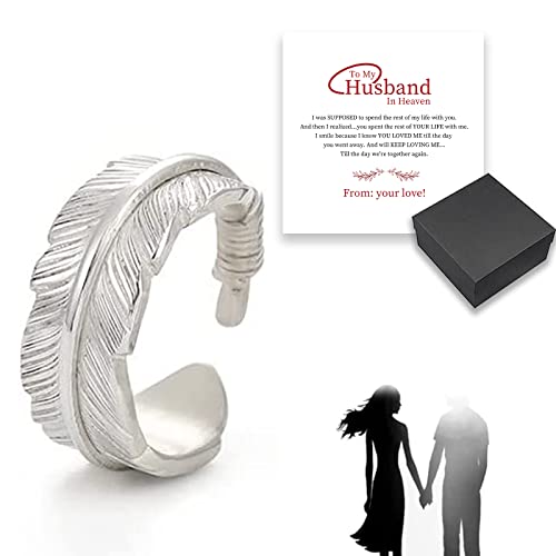 Assote To My Husband In Heaven Personalized Feather Ring, Adjustable Embrace Angel Feather Wing Ring, The Day I Lost You Memorial Plume Ring, Vintage Statement Leaf Cast Memorial Gift (Silver)