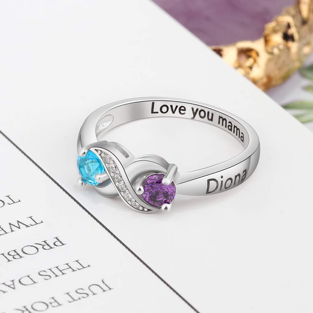 925 Sterling Silver Personalized Infinity Mothers Rings with 2 Round Simulated Birthstones Custom Engraved Engagement Promise Rings for Women (9)