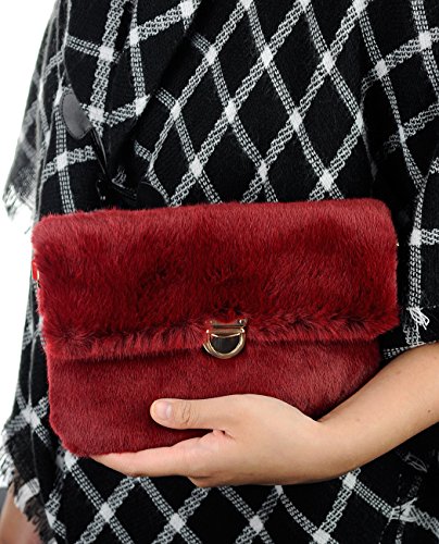C.C Women's Evening Faux Fur Fuzzy Crossbody Shoulder Bag Envelope Clutch Purse, Burgundy