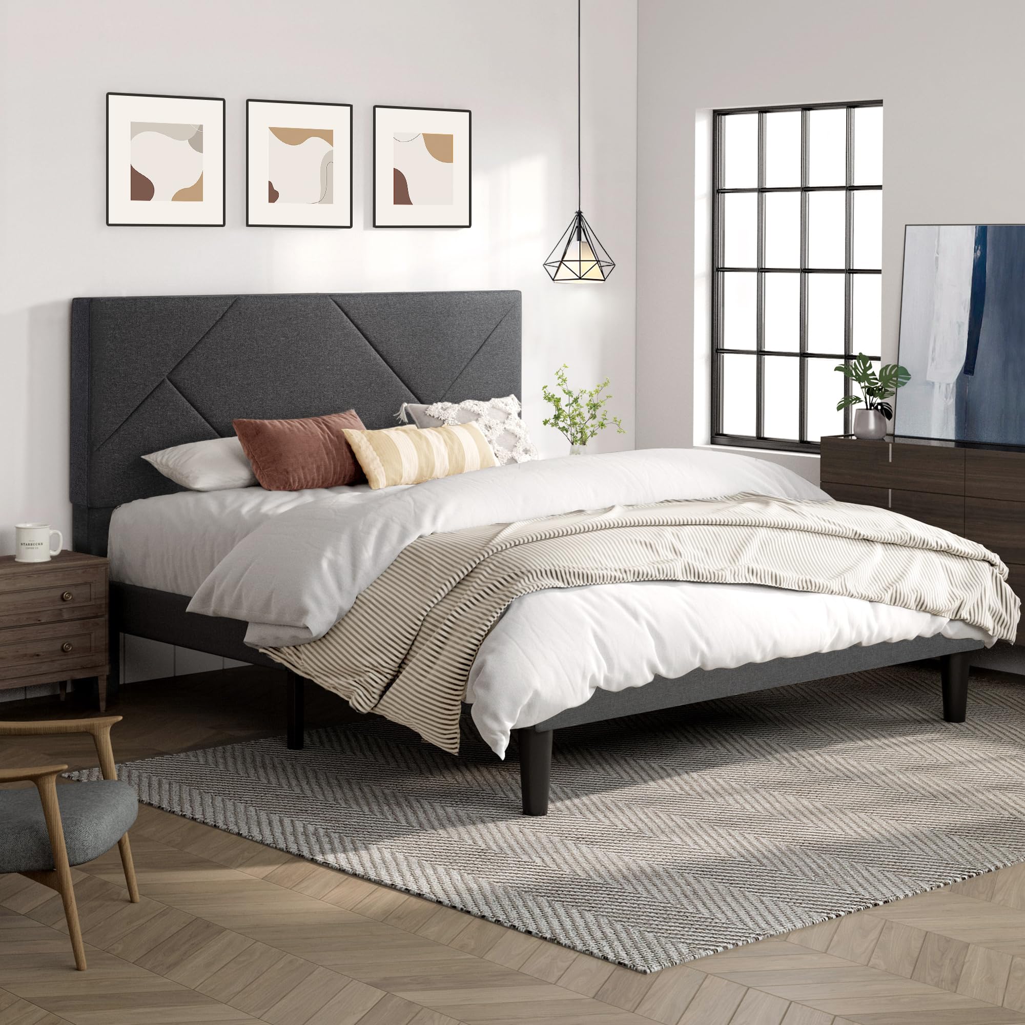 Allewie Full Size Upholstered Bed Frame with Geometric Headboard, Heavy-Duty Platform Bed, No Box Spring Needed, Dark Grey