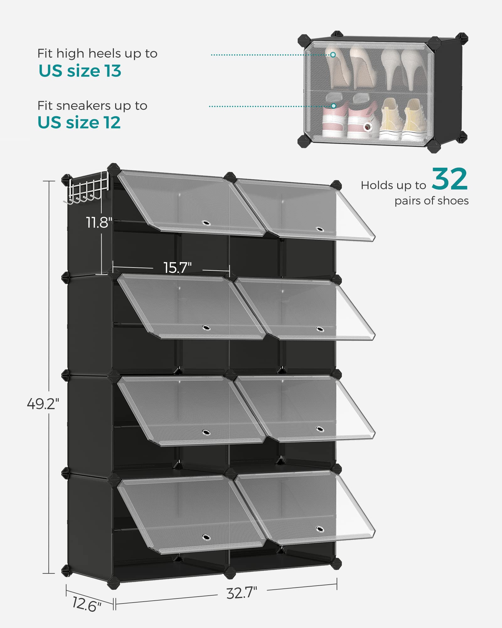 SONGMICS Shoe Rack, 8 Cubes Shoe Organizer with Doors, 32 Pair Plastic Shoe Storage Cabinet, for Bedroom, Entryway, Steel Frame, Plastic Panel, Black ULPC034B01
