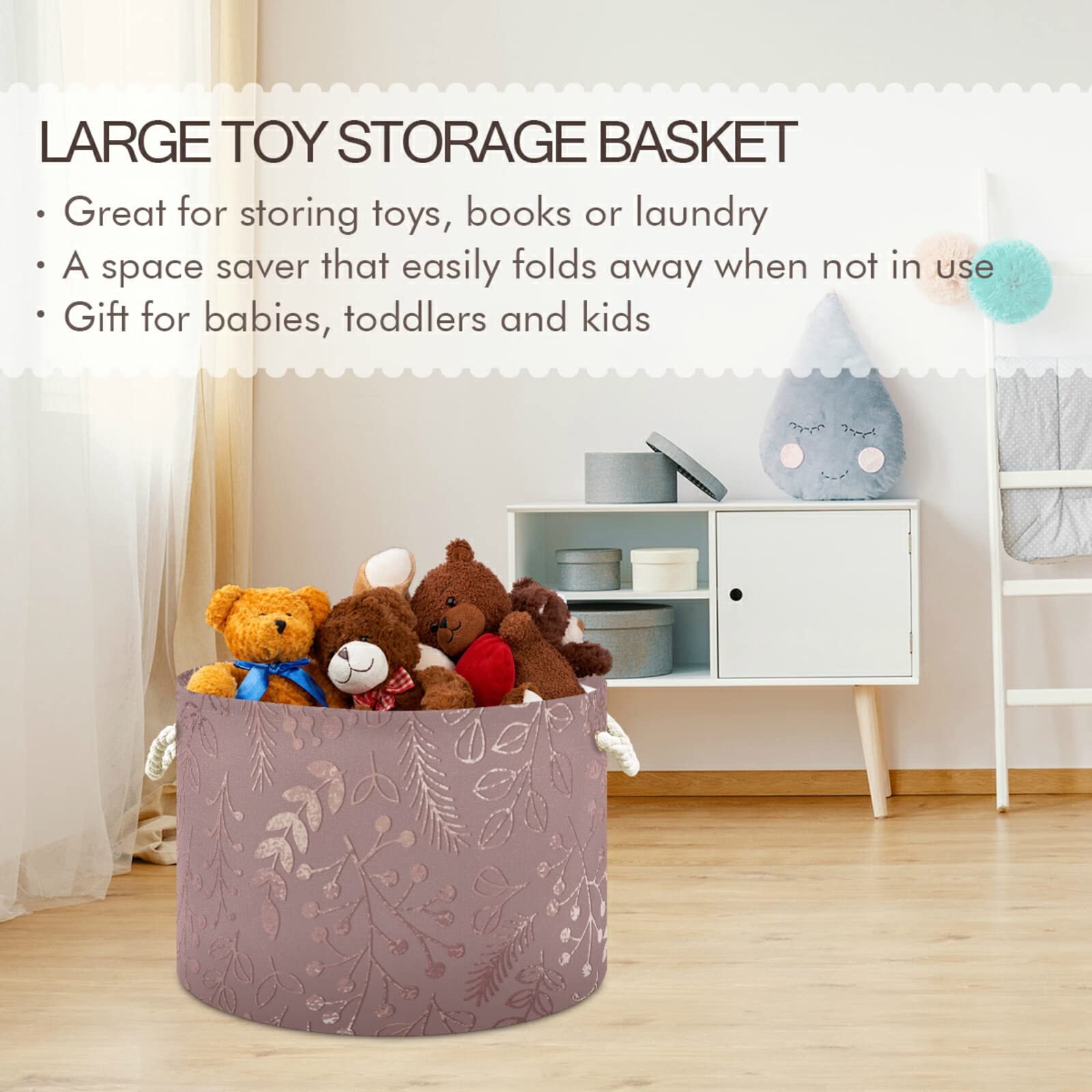 xigua Rose Gold Flower Large Round storage basket 20 x14 Inches Collapsible Round Storage Bin, Laundry Basket Organizer for Towels, Blanket, Toys, Clothes