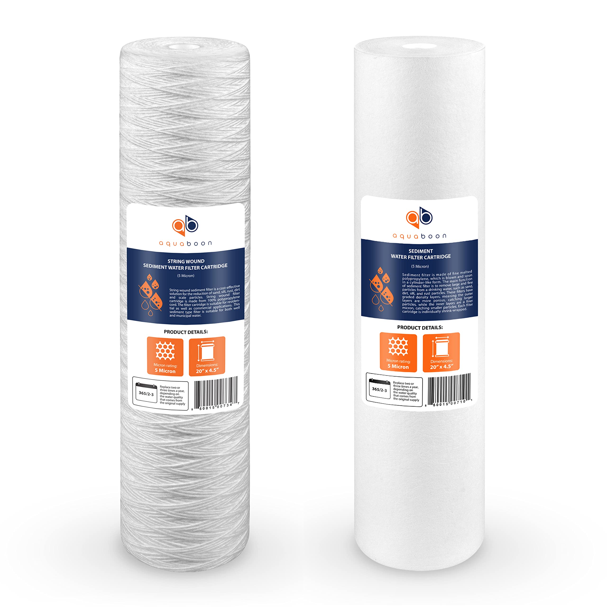Aquaboon 1-Pack of 5 Micron 20" String Wound Sediment Water Filter Replacement Cartridge & Aquaboon 1-Pack Sediment Water Filter Cartridge | Universal Whole House 5 Micron 20 inch Cartridges
