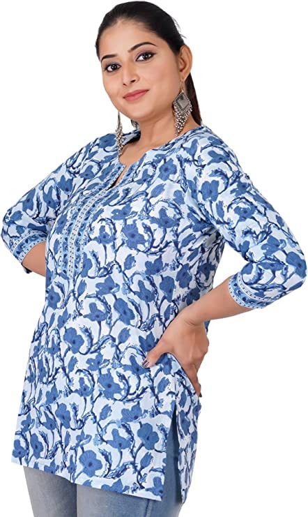 COTTON HTHRANG Indian Women's Tunics Tops, Cotton Hand Block Printed Short Kurti, Shirt, Blouse For Women Royal Blue