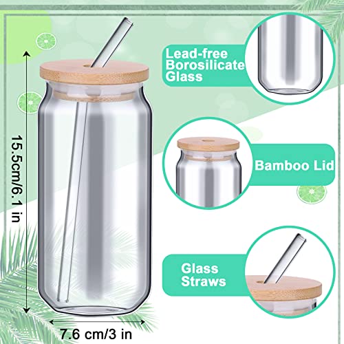 Beer Can Glass with Bamboo Lids and Straw 16 oz Drinking Glasses Can Tumbler Clear Glass Cups Reusable Beer Can Shaped High Borosilicate Glass Great for Smoothies, Tea, Cola, Juice,Soda (4pack)