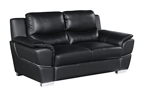 Blackjack Furniture Binion Modern Leather Loveseat for Living Room with Padded Headrests, Stainless Steel Legs & Accent Chrome Trim, Black