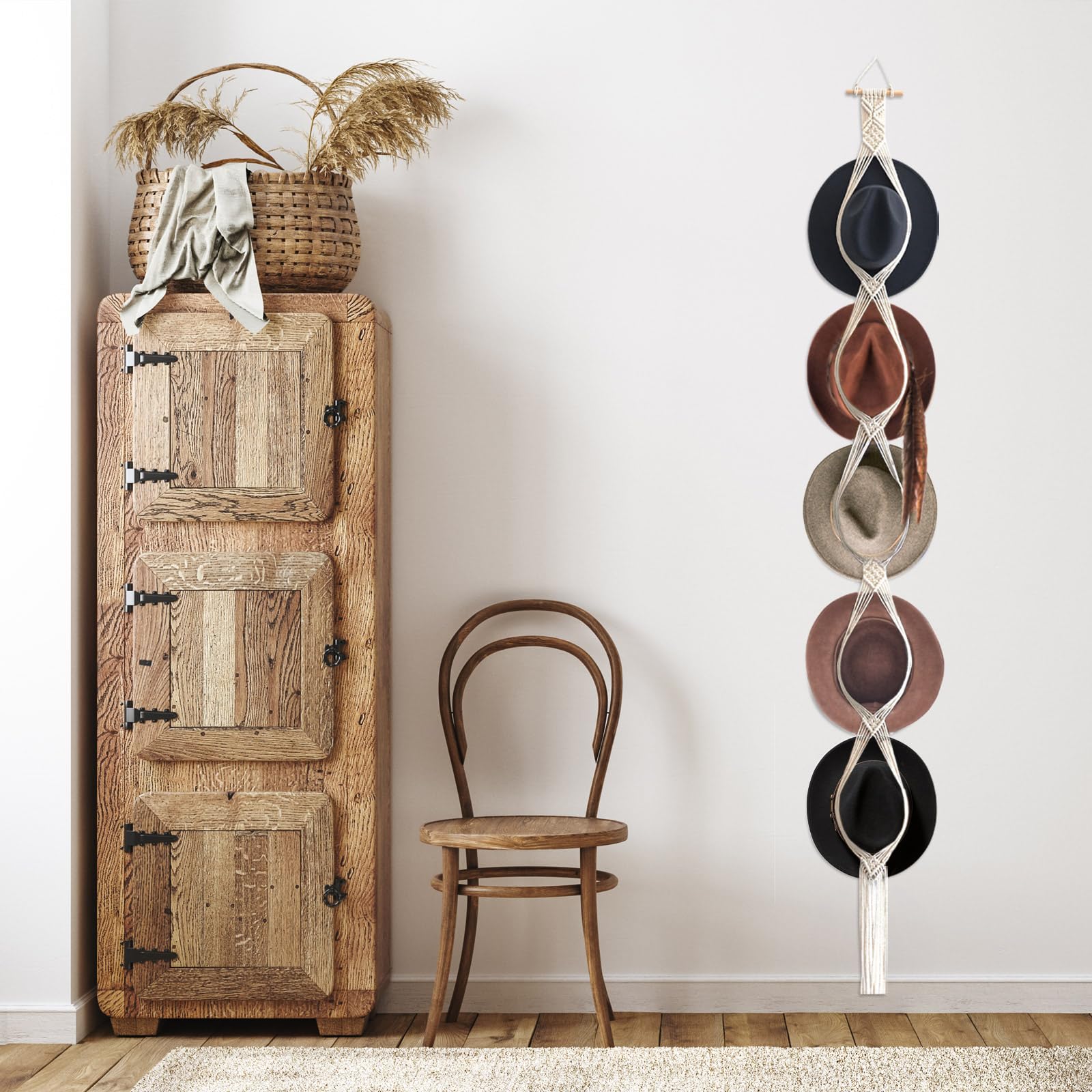 SVICCOOKQ 2Pcs Macrame Hat Hanger, Boho Hat Hangers for Wall, Decorative Bohemian Hand Weaving Hat Rack for Wide Brim Fedoras Caps - 78.74 Inches