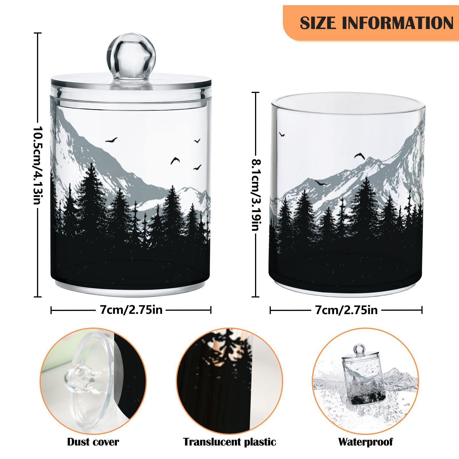 KEEPREAL Nature Mountains and Forest Qtip Holder Dispenser with Lids, 4PCS Plastic Food Storage Canisters, Apothecary Jar Containers for Vanity Organizer Storage