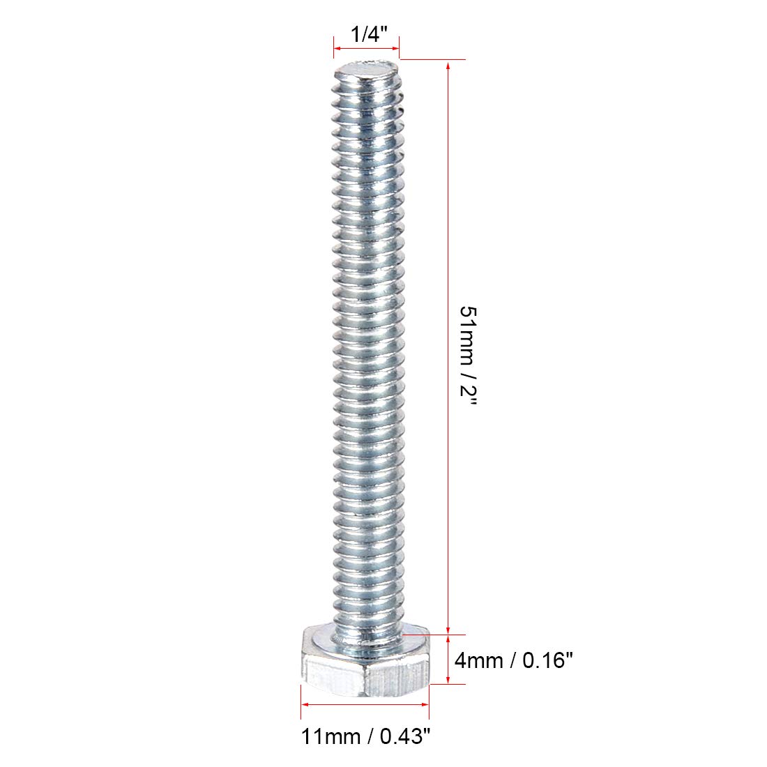 uxcell Hex Head Screw Bolts Carbon Steel 1/4"-20x2" Fastener Grade 5 UNC 10pcs