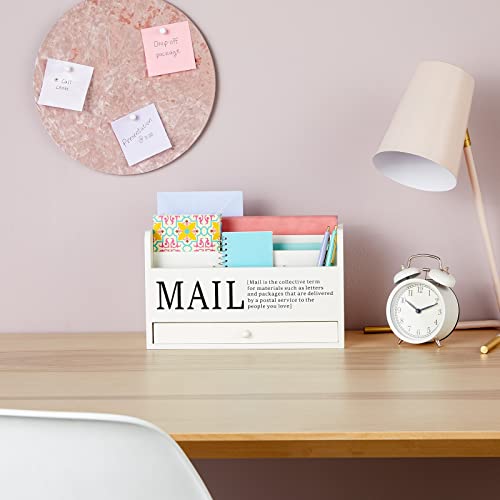 Juvale White Mail Organizer for Desktop, Wooden Mail Sorter Storage Box for Countertop, Home Office, Farmhouse-Style 3-Tier Holder with Drawer for Files, Bills and Letters (11 In)