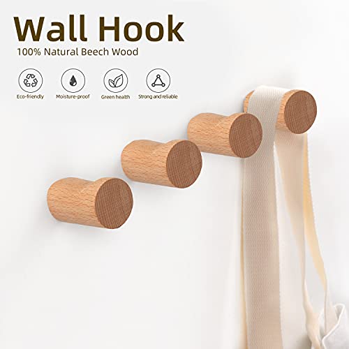CRSWHA Natural Wood Hooks for Wall,6 Pack Wall-Mounted Wooden Hat Hooks,Modern Decorative Wooden Wall Pegs for Entryway Wall,Heavy Duty Coat Hanger Hooks for Hanging Bags,Towels,Purse(Beech Wood)