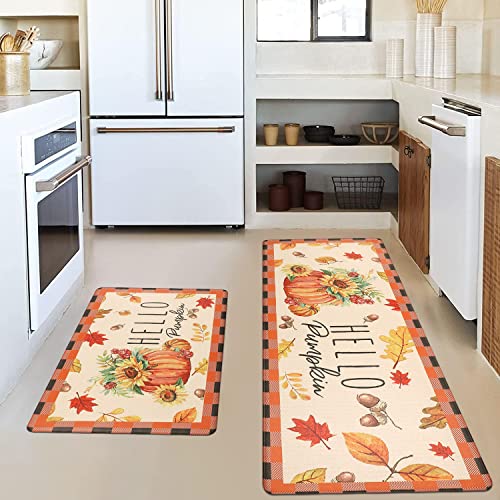 Falflor Fall Kitchen Rug and Mats Pumpkin Sunflower Decorative Kitchen Floor Mats Non Slip Kitchen Rug Heavy Duty Comfort Standing Mats for Kitchen Sink