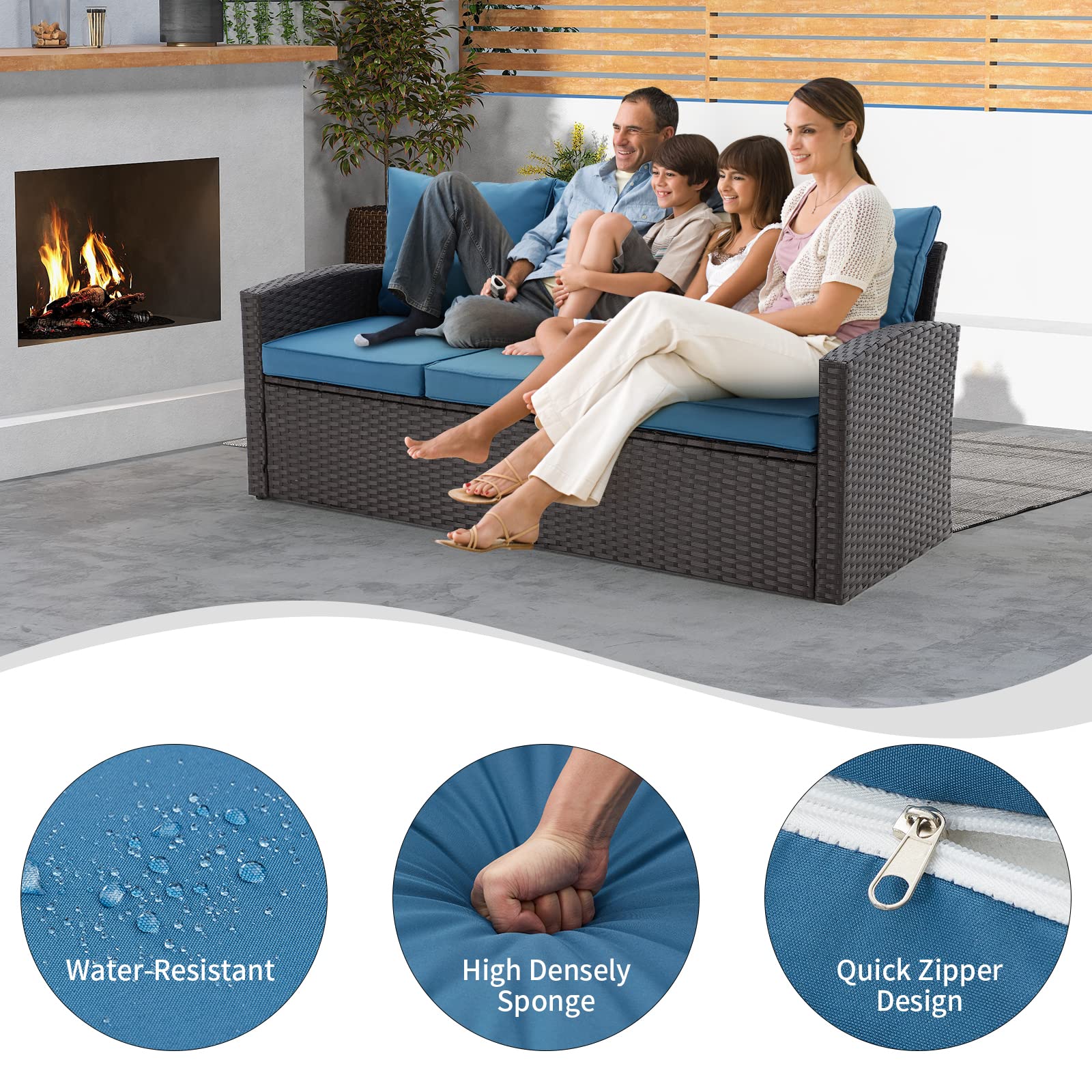 HOMREST 6 Pieces Patio Furniture Sets Clearance, Patio Dining Sofa Set Outdoor Sectional Sofa Conversation Set All Weather Wicker Rattan Couch Dining Table & Chair (Blue)