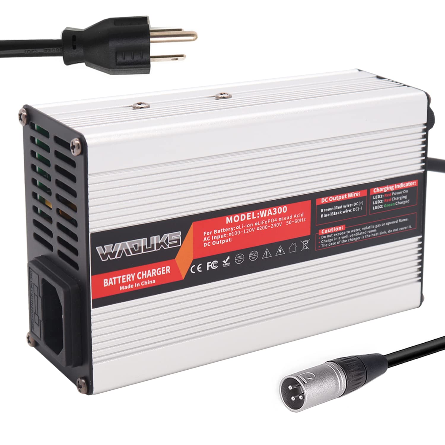 WAOUKS 58.8V 5A Li-ion Battery Charger with Cooling Fan Smart Charge Used for 14S 52V 51.8V Lithium Battery Pack Smart Charger Output XLR 3 Prong Connector