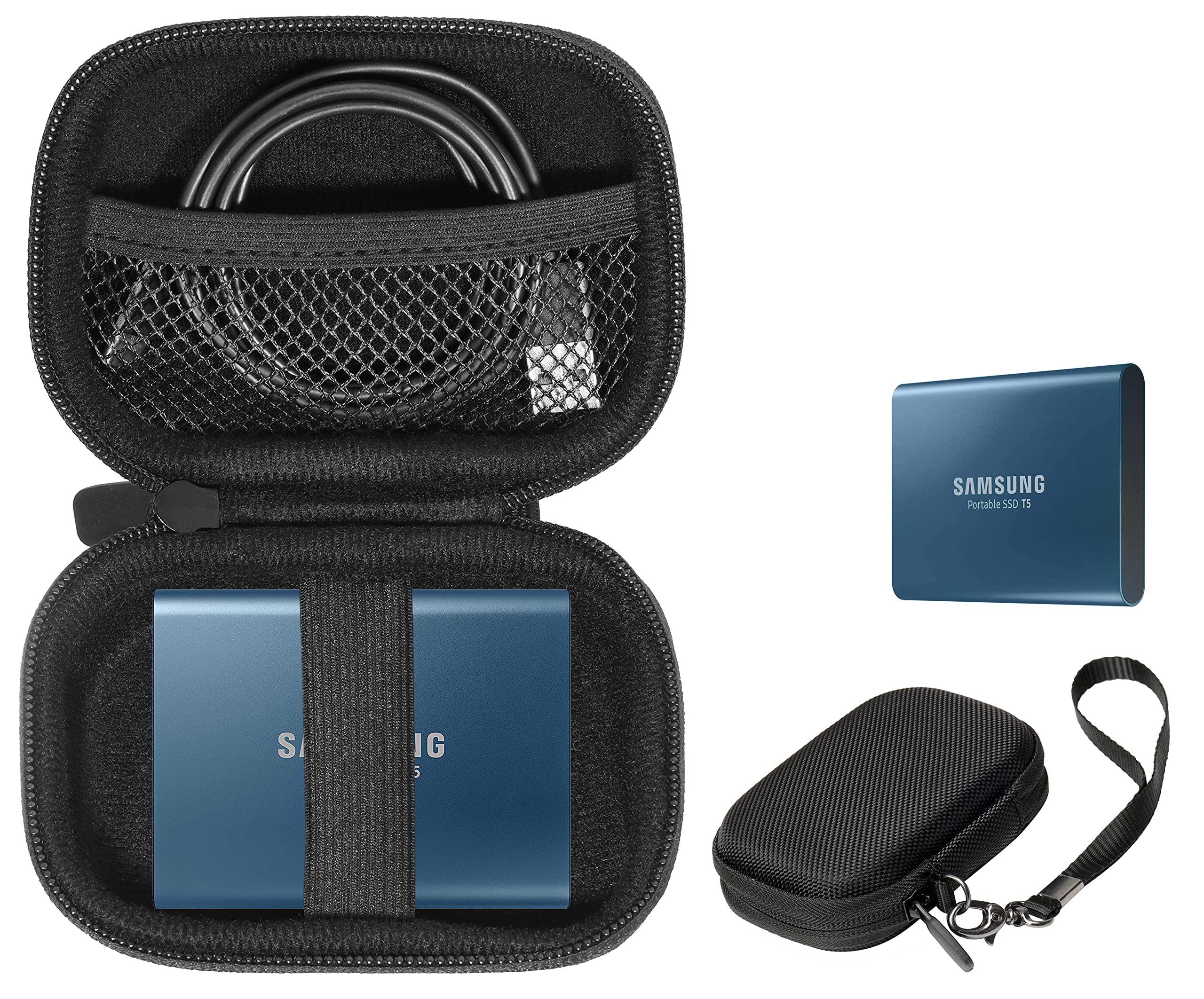 Alltravel case for External Solid State Drive Samsung T7 Touch, T5, T3 Portable 250GB 500GB 1TB 2TB SSD USB 3.0 External Solid State Drives, Strong Compact Light Weight case, Mesh Pocket (Black)