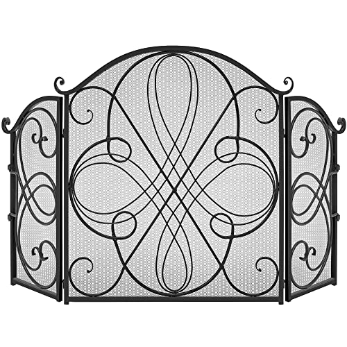 Best Choice Products 3-Panel 55x33in Solid Wrought Iron See-Through Metal Fireplace Screen, Spark Guard Safety Protector w/Decorative Scroll - Black