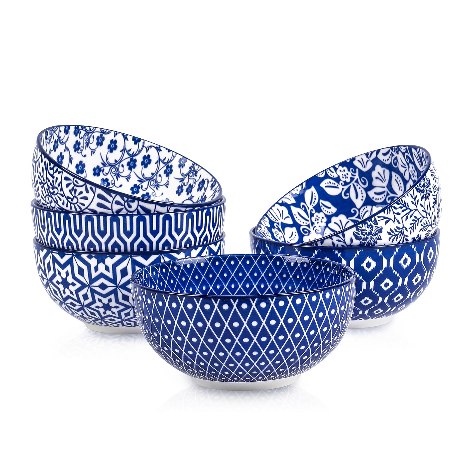 Selamica Ceramic Cereal Bowls Set of 6, 24 Oz Deep Soup Bowls for Kitchen, 5.9 Inch Porcelain Dessert Bowls for Salad, Pasta, Oatmeal, Ramen, Microwave Dishwasher Safe, Set of 6, Vintage Blue