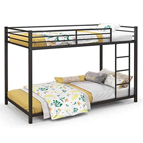 Giantex Metal Bunk Bed Twin Over Twin, Low Profile Bunk Bed Frame with Ladder & Full Length Guardrail, Space-Saving Twin Size Bed Frame for Kids Teens, No Box Spring Needed, Black