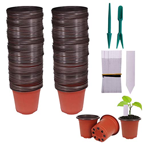 Huvai 100 Pcs 4" Plastic Seedlings Plants Nursery Pots with 100 Pcs Waterproof Plastic Plant Tags and 2Pcs/Set Transplanting Digging Mini Tools