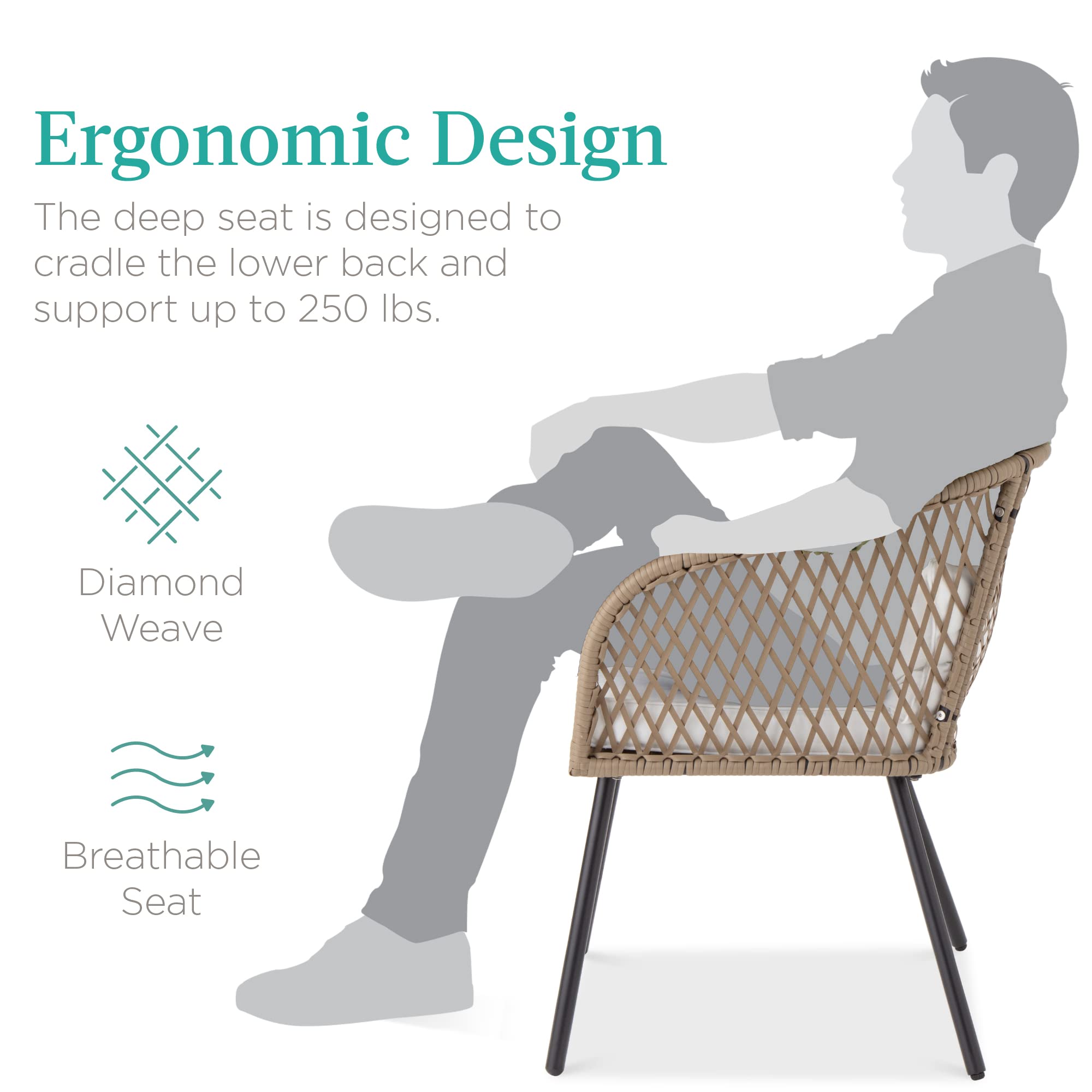 Best Choice Products 3-Piece Outdoor Wicker Bistro Set, Patio Dining Conversation Furniture for Backyard, Balcony, Porch w/Diamond Weave Design, Tempered Glass Side Table, 2 Chairs - Ivory