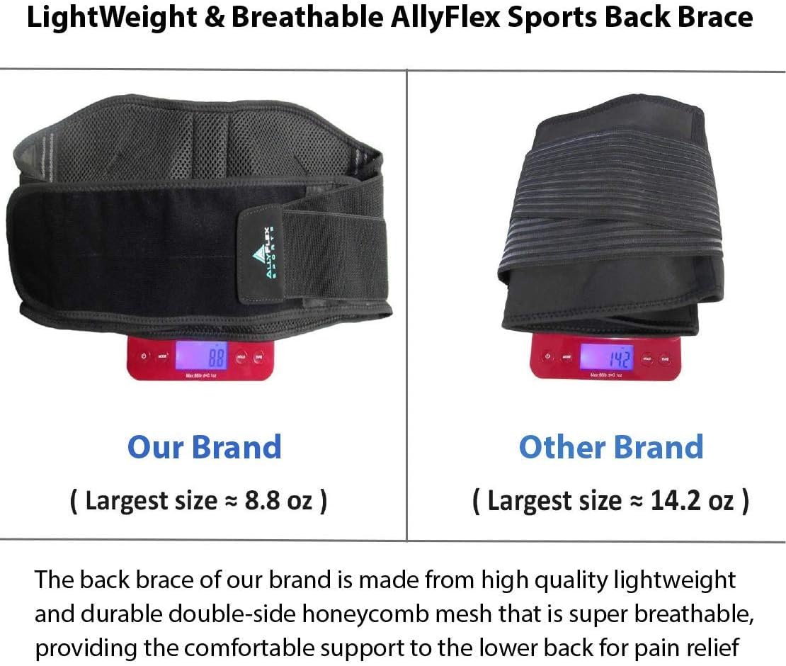 AllyFlex Sports® Lightweight Back Brace for Men & Women Under Uniform, Dual Medical 3D Lumbar Pads for Lower Back Pain Relief, Breathable Mesh with Adjustable Stapes for Back Stress - M