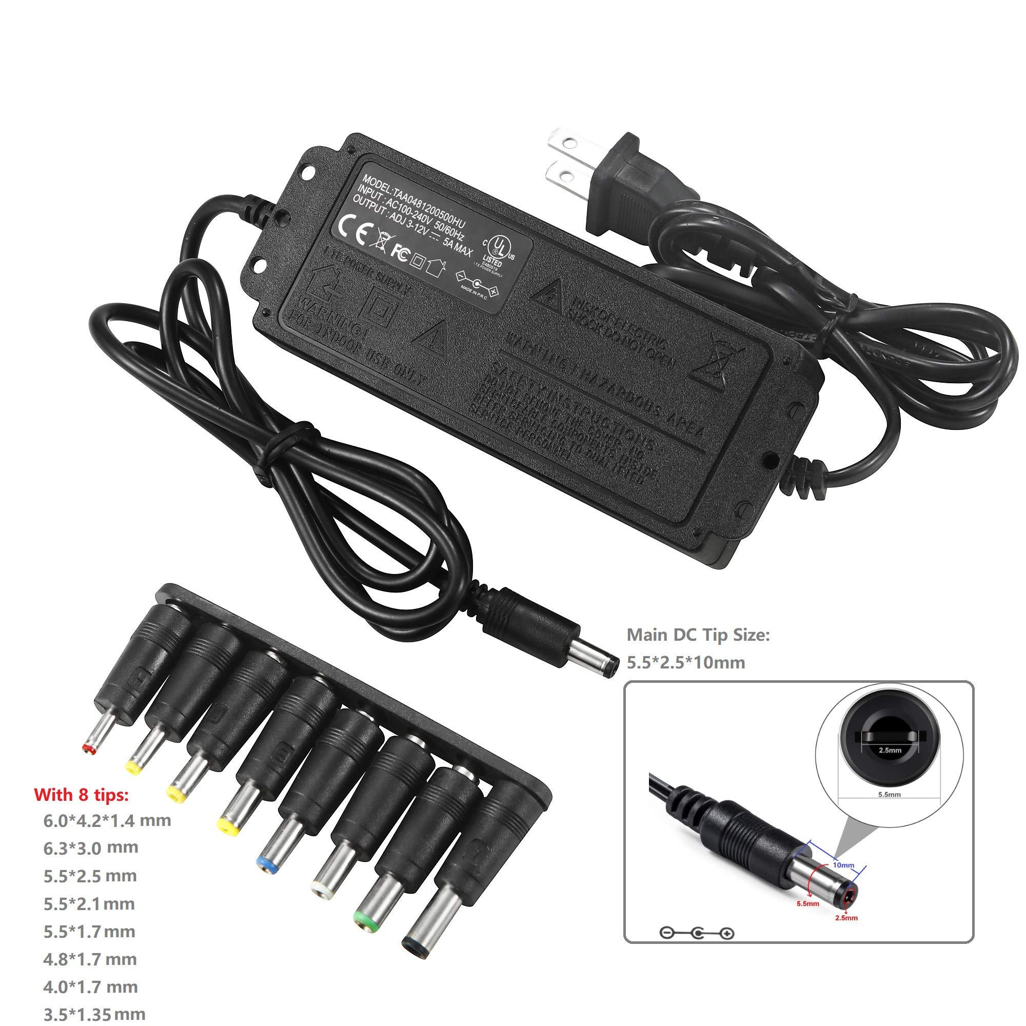 Universal Adjustable AC/DC Switching Power Adapter,AC to DC Power Supply Adapter 3-12v 5A Switching Adjustable Output with Multiple Tips,Black