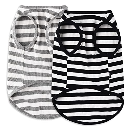 CtilFelix Dog Shirt Striped Clothes Stretchy Vests for Small Medium Large Dogs Boy Girl Cat Apparel Soft Cotton Puppy T-Shirts Lightweight Pet Tank Top Kitten Outfit Pack-2 Black & Light Grey M
