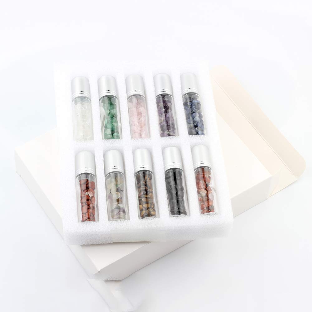 Natural Gemstones 10ML Essential Oil Roller Bottles Clear Glass Roll-on Bottles Gemstone Perfume Sample Vials with Crystal Stone Roller Balls & Healing Crystal Chips Inside 10PACK