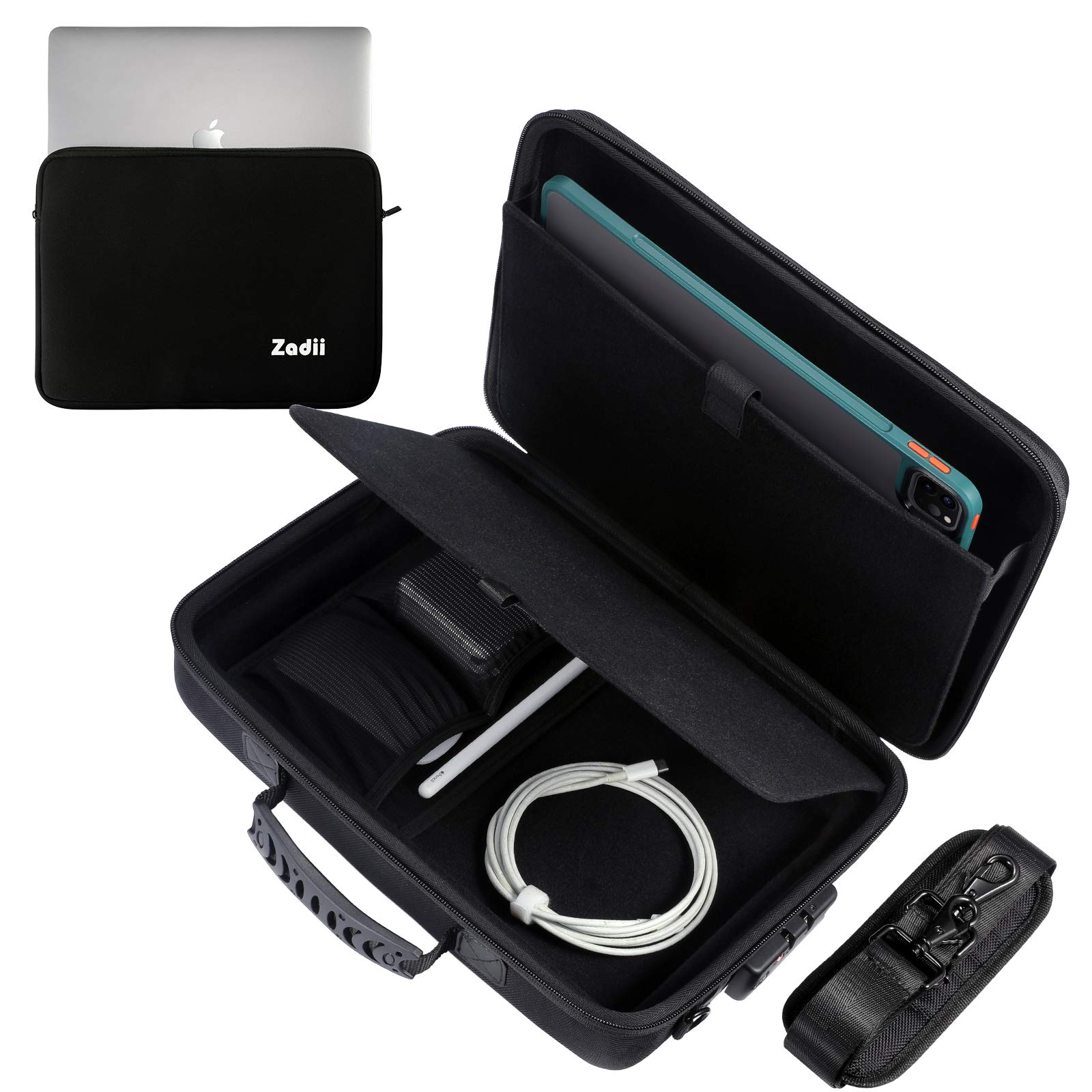 Zadii Hard Shell Locking Carrying Case for 12-14 inch Macbook Pro Macbook Air and iPad Pro, also Compatible with Surface Pro 8/X/7/6/5, Come with Protective Sleeve Bag