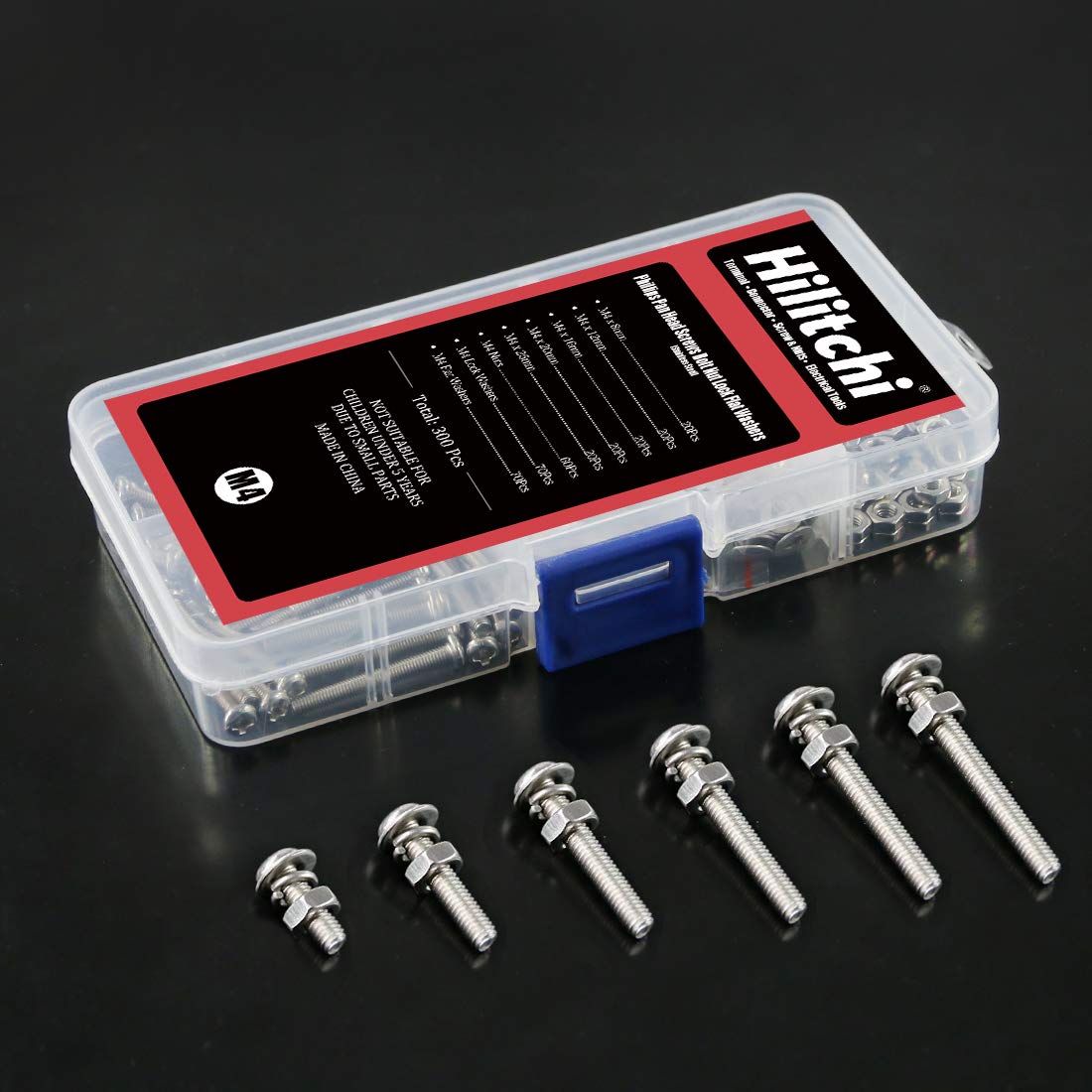 Hilitchi 300-Piece M4 Phillips Pan Head Screws Bolt Nut Lock Flat Washers Assortment Kit, 304 Stainless Steel